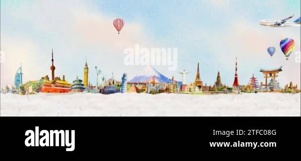 Landmark painting animation travel famous landmarks of the worlds ...