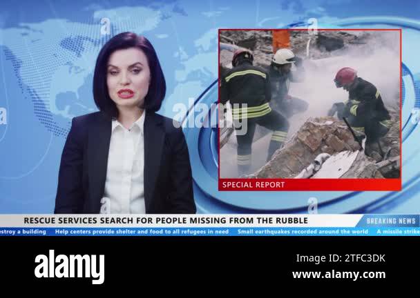 Female news anchor reporting information in live news TV program about ...