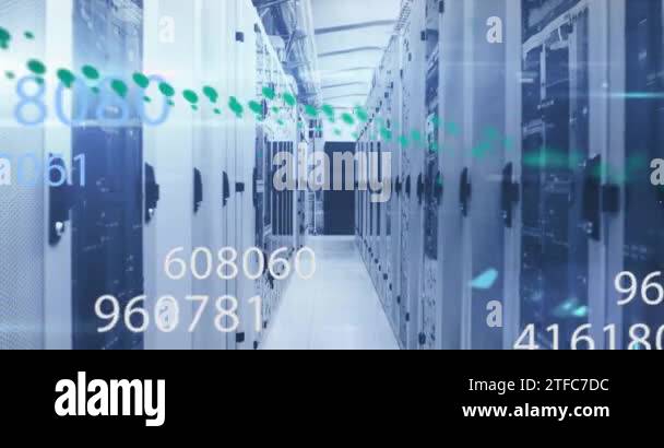 Multiple changing numbers floating against computer server room. computer interface and business ...
