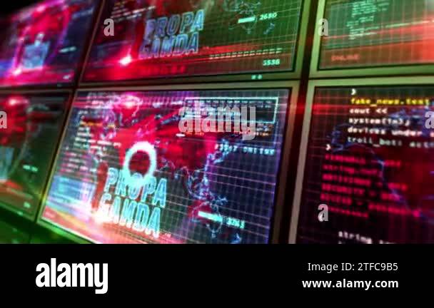 Propaganda message on moving computer screens loop. Fake news ...