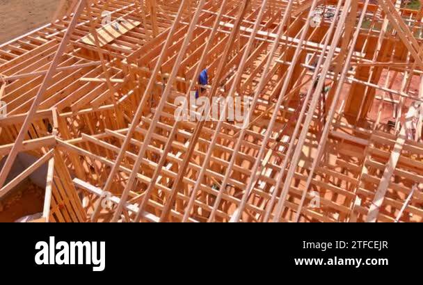 Structure of wood roof beams for building construction Stock Video ...