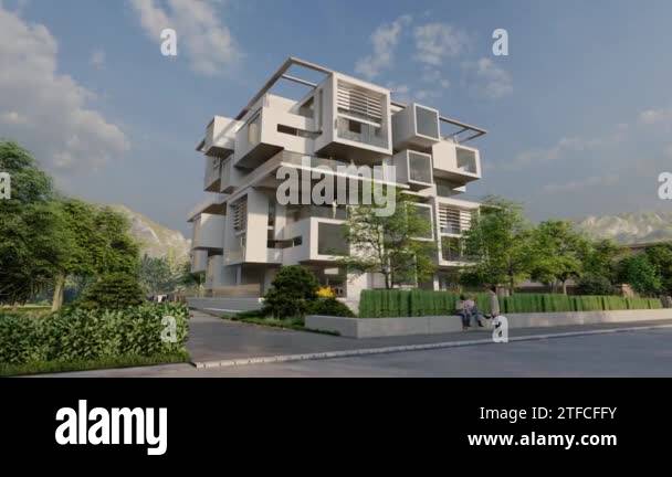 3D animation of a modern upscale residential building in a nice area ...