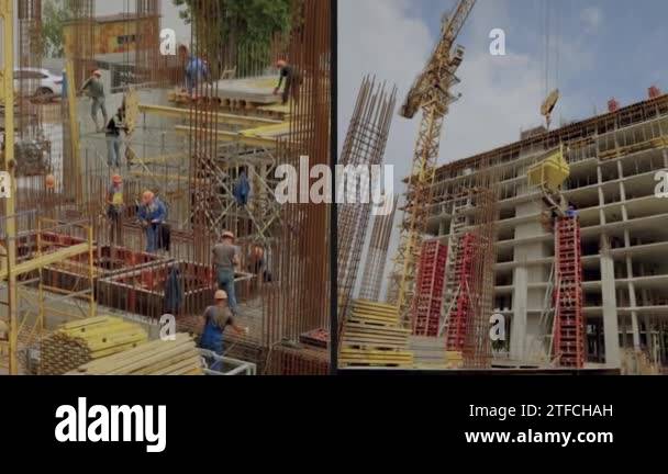 A collage of frames at a construction site. industrial exterior ...