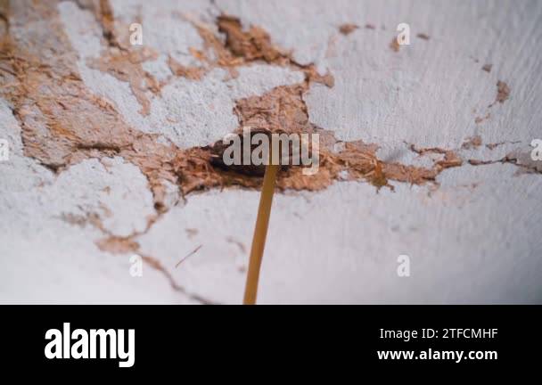 A hole in the clay ceiling with a protruding cable. Old garage of a ...