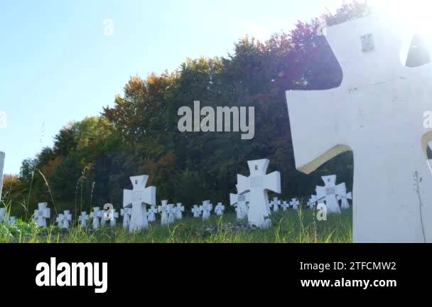 Cemetery with white crosses, a memorial to the soldiers for Ukraine in ...