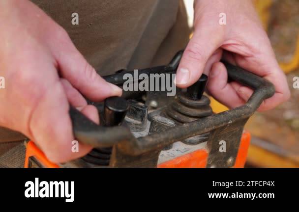 Portable control station of construction crane. Builder worker using ...