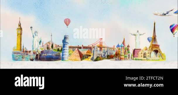 Landmark painting animation travel famous landmarks of the worlds ...
