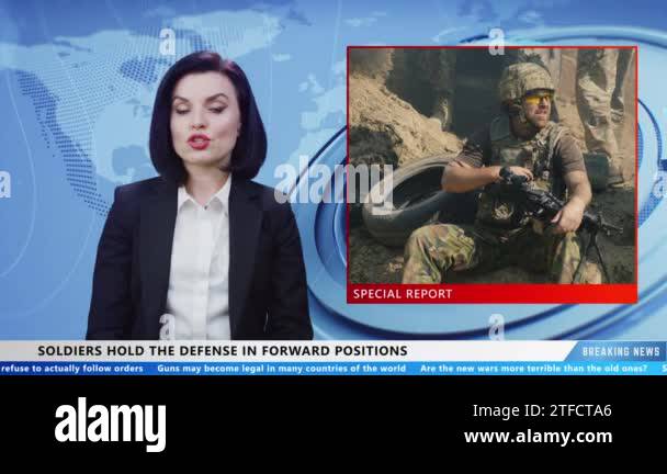 Female news anchor reporting from TV studio in live news program about ...