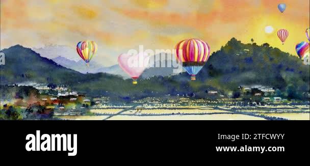 Painting animation 4k rendering balloons on mountain in the panorama ...