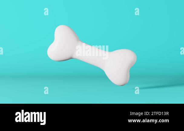 Realistic healthy white dog bone 3d animation loop 4K. Pet shop banner ...