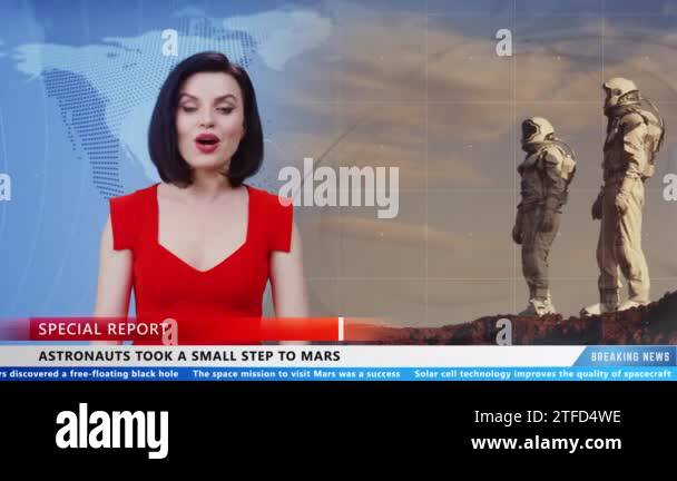 Female news anchor in TV studio reporting on first successful space ...