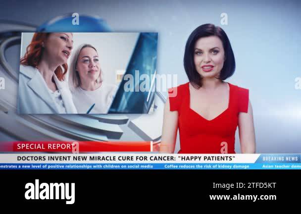 Female news anchor in television studio reporting information about ...