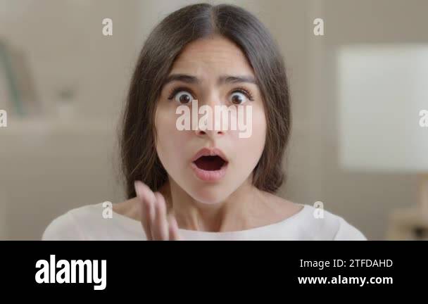 Afraid emotional girl brunette woman negative shocked frightened ...