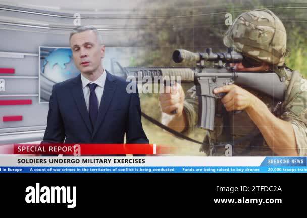 Male news anchor in special report from TV studio talking about the ...