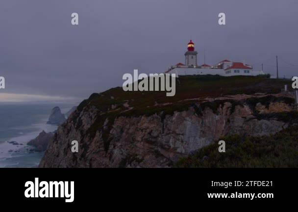 Beautiful dark evening panorama with farol lighthouse in the Atlantic ...