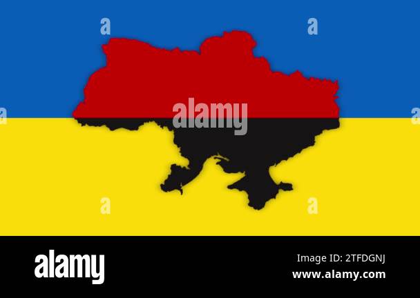 map of ukraine in red and black flag appears on blue and yellow flag ...