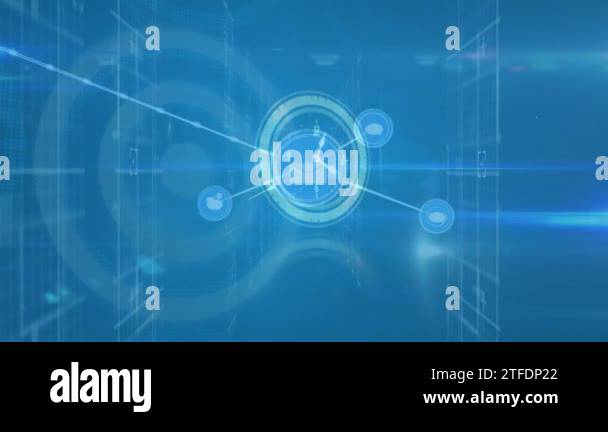Animation of applications icons interconnecting with lines, digital clock over abstract ...