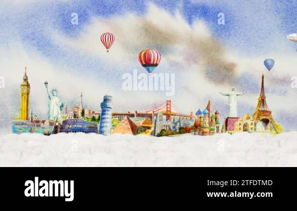 Painting advertising watercolor animation travel famous landmarks of ...