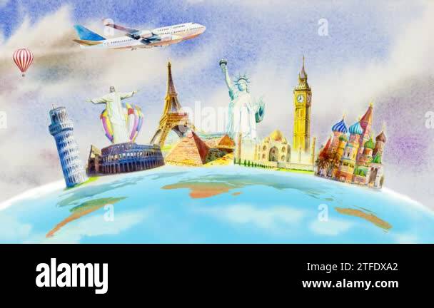 Painting watercolor animation travel famous landmarks of the worlds ...