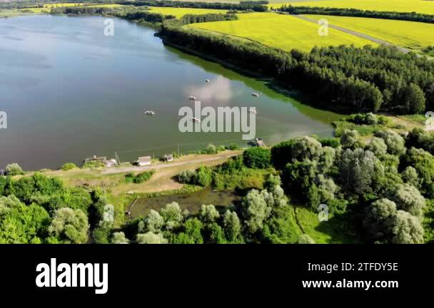 Aerial view of a fish farm in northern Europe. Artificial reservoirs ...