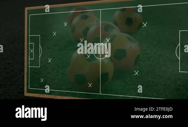 Animation of illustration strategy of soccer game over soccer balls on ...