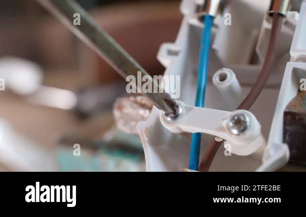Blue and brown wires are clamped with a screwdriver in the plug housing ...