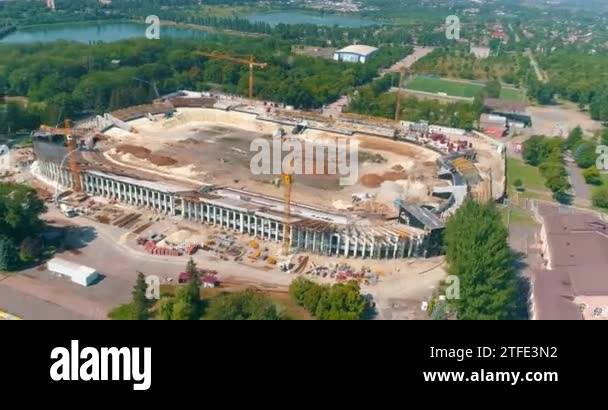 Construction site of the new stadium top view. Construction of a new ...