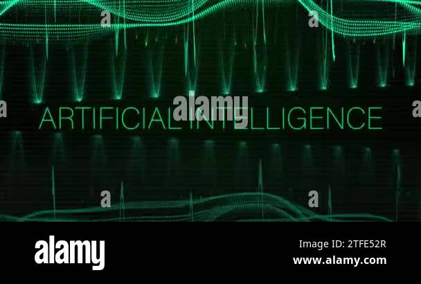 Animation of artificial intelligence text over spots. Global business ...