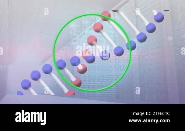 Animation of dna helix in green circle and digital hand print over time ...