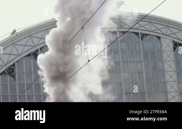 White water vapor rises up a transparent jet evaporates, waste from ...