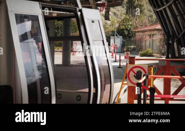 Modern cable cabin at cable lift station. Doors closes of cable cabin ...