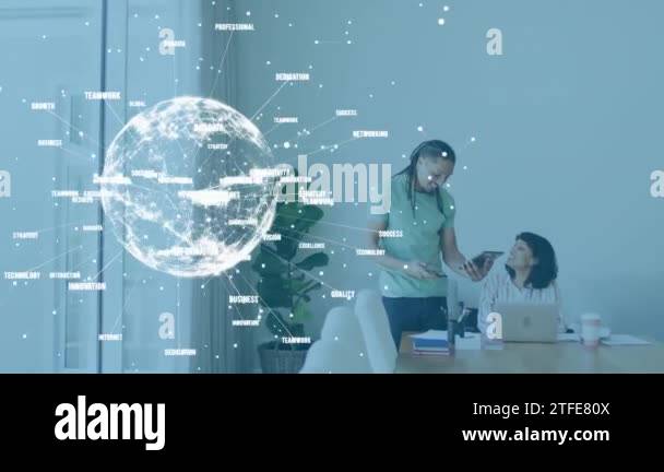 Animation of globe over biracial man and disabled woman sitting in ...