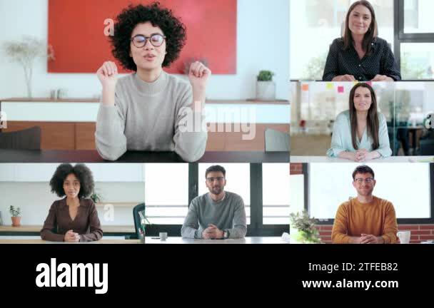 Video of headshot screen application view of diverse employees working ...