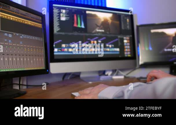 A man working as an editor in a media studio editing video and audio on ...
