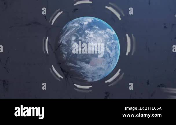 Animation of infographic interface with arc reactor over globe against black background ...