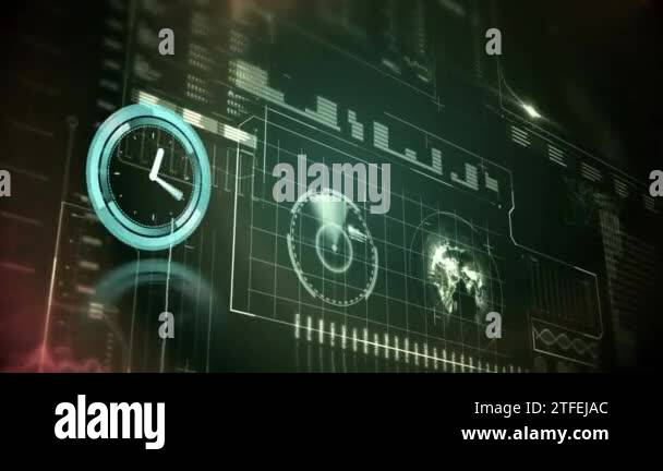 Animation of neon ticking clock over digital interface with data processing against green ...