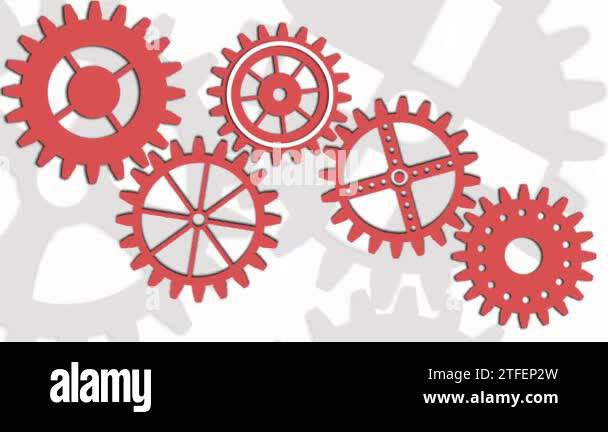 Gears and cog Rotating in Looped Animation red Color. Mechanism ...