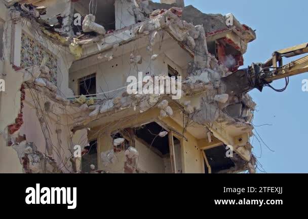 Building Demolition Moment with Column Breaker Excavator Footage Stock ...
