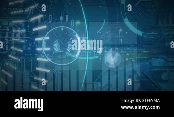 Animation of hud interface with 5g text, circle and bar graph over time lapse of vehicles in ...
