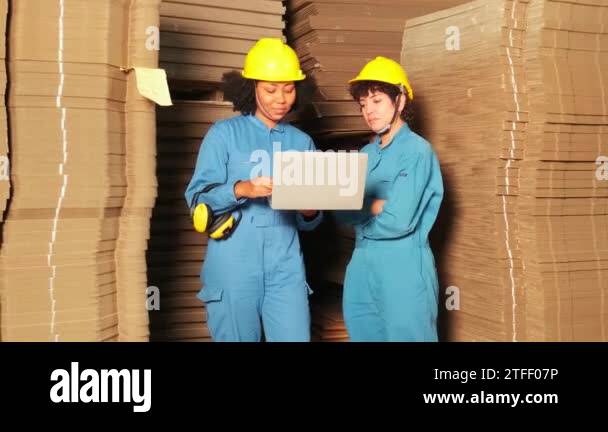 Two female workers and colleagues in safety uniforms and helmet stock ...