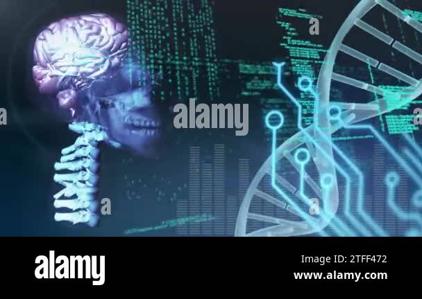 Tree and medical data processing green dna structure against blue ...