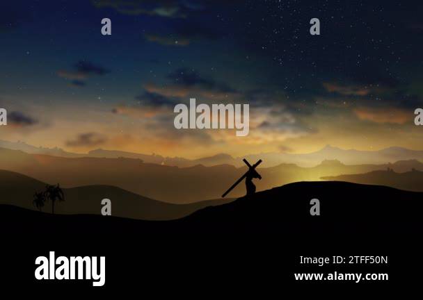 Jesus Christ ascending the hill with the cross behind him. Easter ...