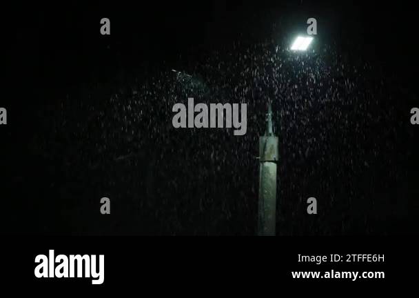Double led panel lamppost under heavy rain at night. Midsize view of ...