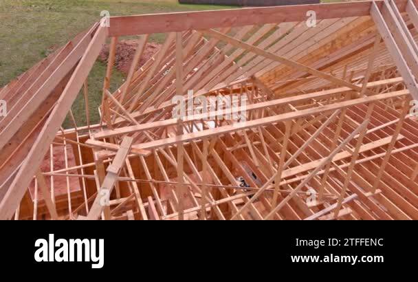 Top view detail framing beam of roof structure from wood with under ...