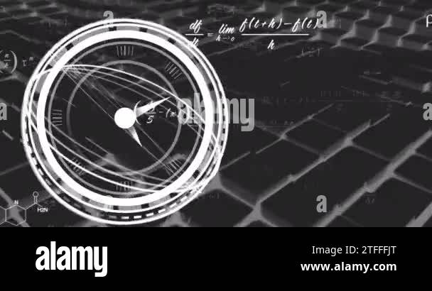 Animation of scope scanning with clock over mathematical equations on black background. Global ...