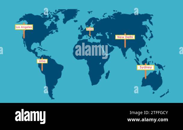 Globe with destinations, world map with famous cities. Animated ...