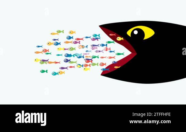Class action concept. A large fish eats small fish that rebel and ...