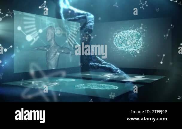 Animation of molecules floating over screens with biological data and ...