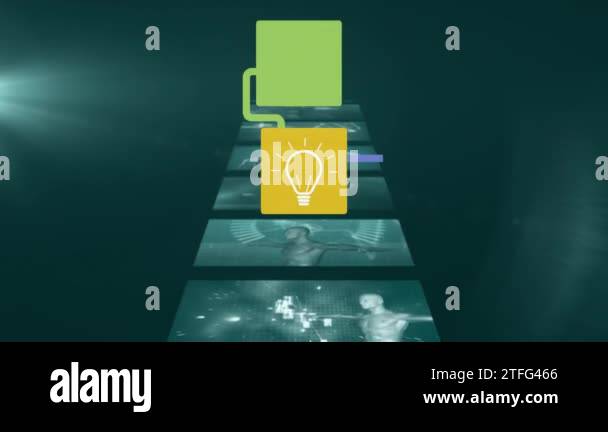 Animation of technology icons over screens with biological data on ...