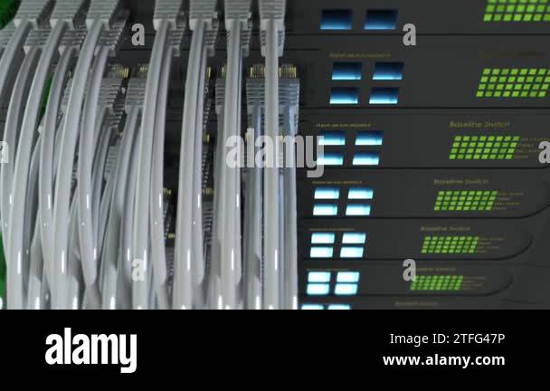 Ethernet rackmount switches and ethernet cables, data center concept ...